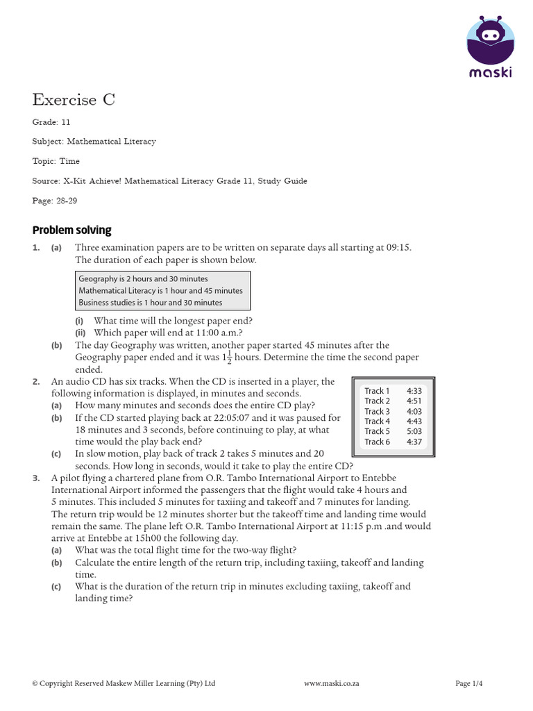 MATHLIT - G11 - Time - Time - Exercise C - P28-29 | PDF | Aviation | Aircraft
