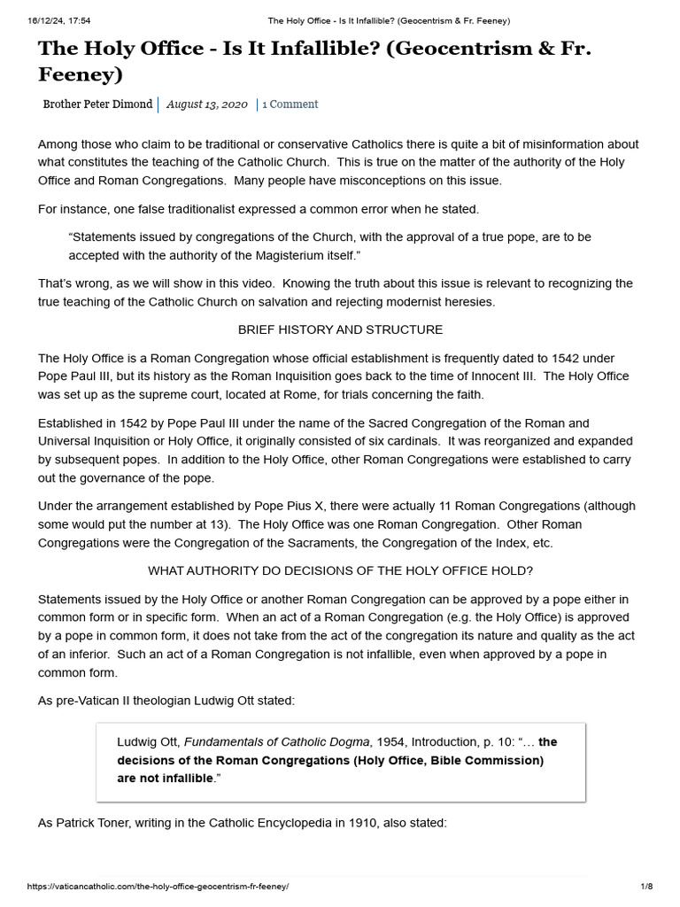 The Holy Office - Is It Infallible - (Geocentrism & Fr. Feeney) | PDF ...