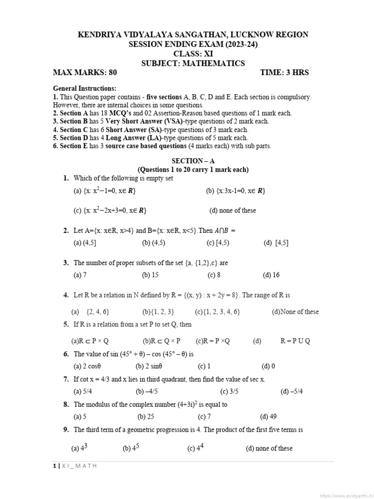 Cbse Class 11 Maths Final Term Question Paper 2023 24 | PDF | Tests ...