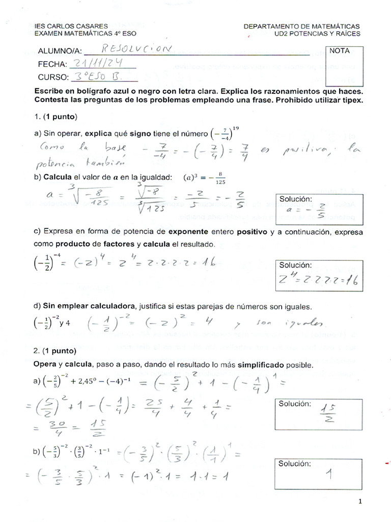 RESOLUCIÓN EXAMEN B_3ESO_UD2 POTENCIAS Y RAÍCES | PDF