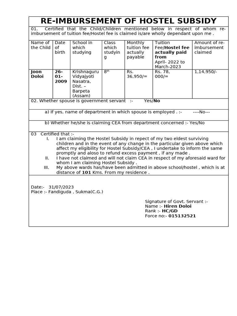 HOSTEL SUBSIDY FORM | PDF | Payments