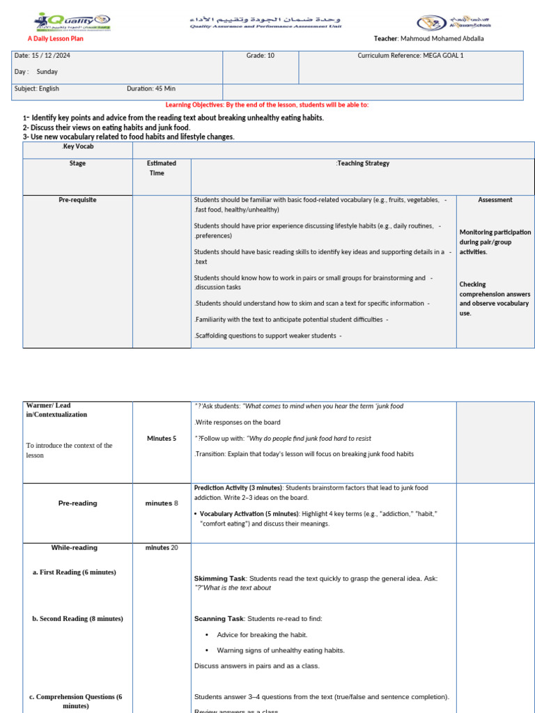 Unit 6 Reading Lesson Plan | PDF | Reading Comprehension | Learning