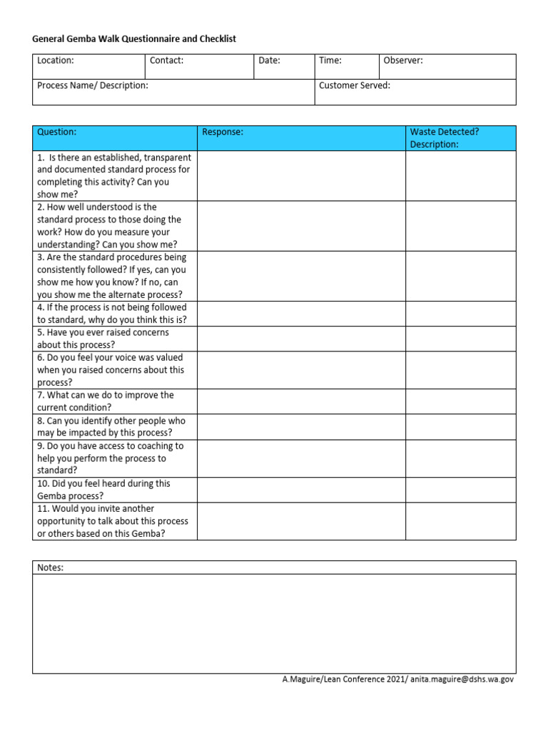 AMaguireGeneral Gemba Walk Questionnaire and Checklist - Lean ...