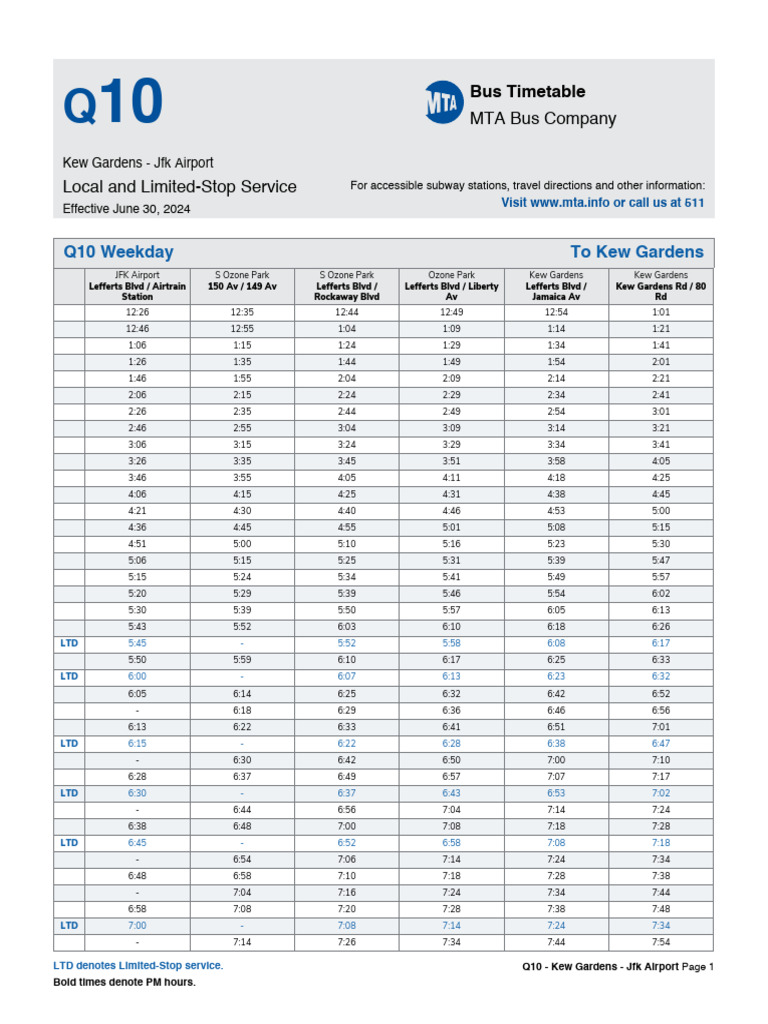 MTA Q10 bus timetable 20240630 | PDF | Public Transport | Transport