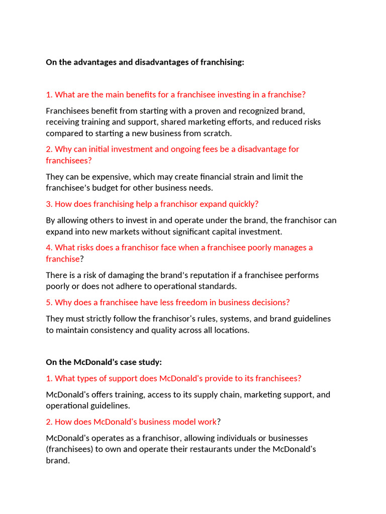 On The Advantages and Disadvantages of Franchising | PDF