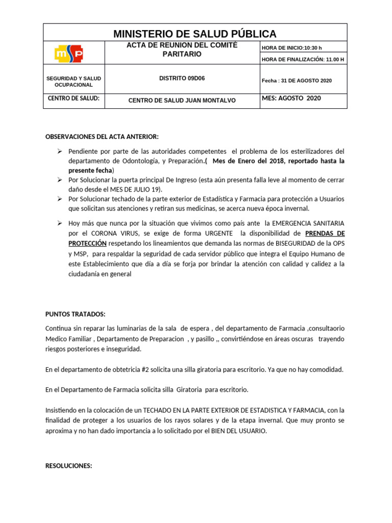 Acta de Reunion de Comite Mes de Agosto Del 2020 | PDF