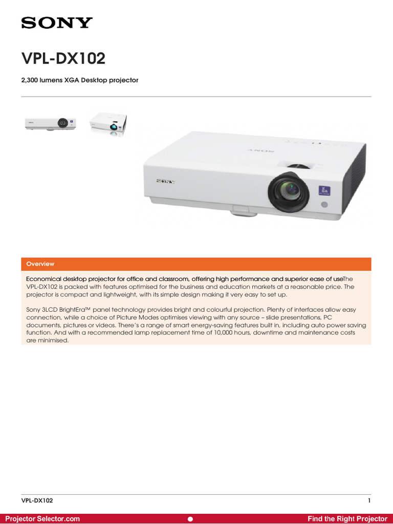Projector Sony_VPL-DX102 - Datasheet | PDF | Display Resolution | Imaging