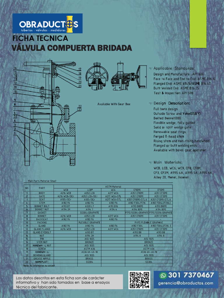 Ficha Tecnica Obraductos - Valvula Compuerta Bridada | PDF