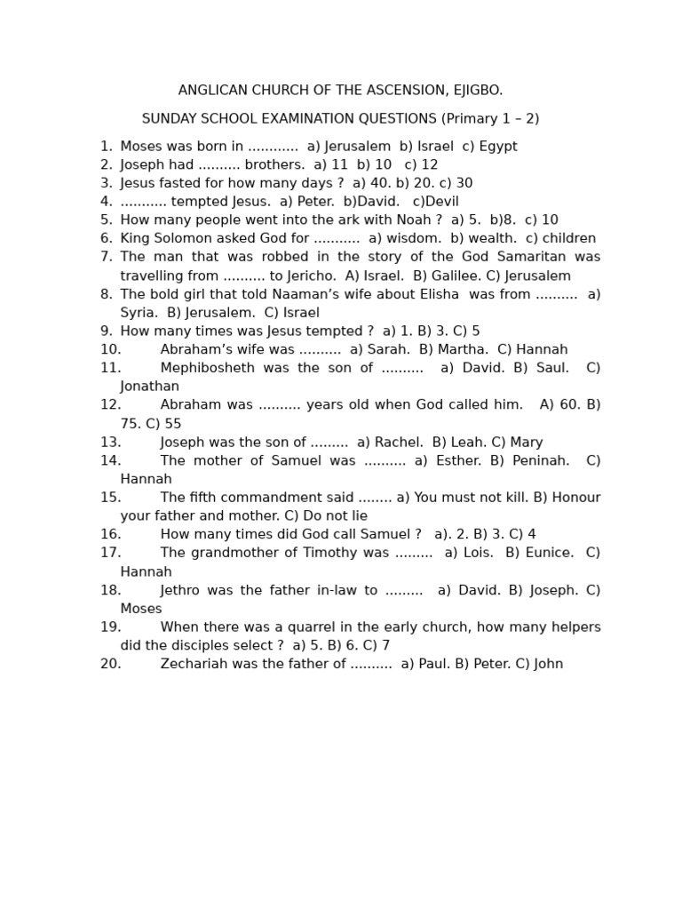 Sunday School Exam Questions for Primary 1-2 | PDF
