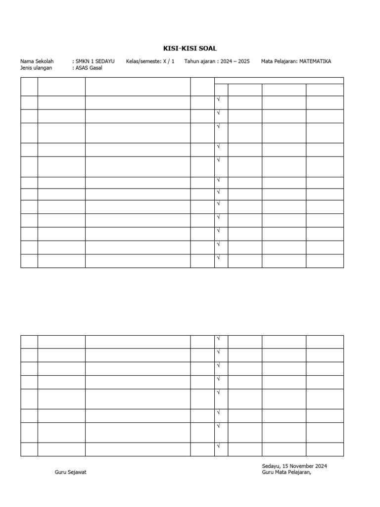 Kisi- Kisi Soal Asas Mtk x 2024 - 2025 Gasal | PDF