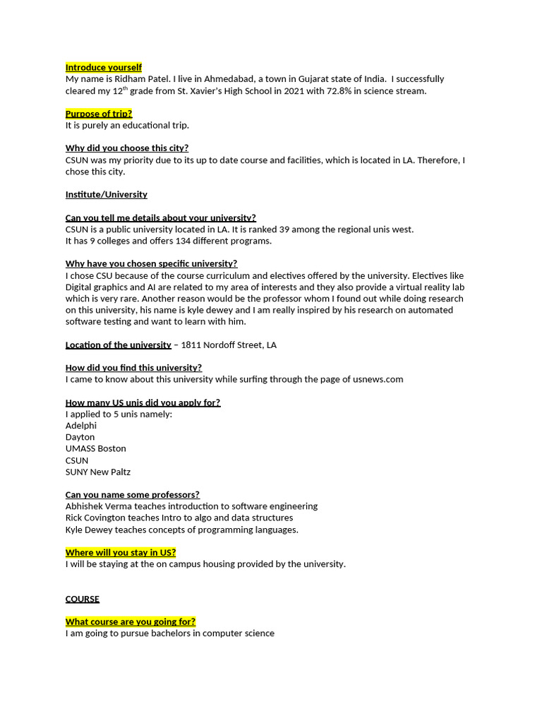 Sample F1 Visa Interview Question Answer | PDF | Computer Programming | Computer Science