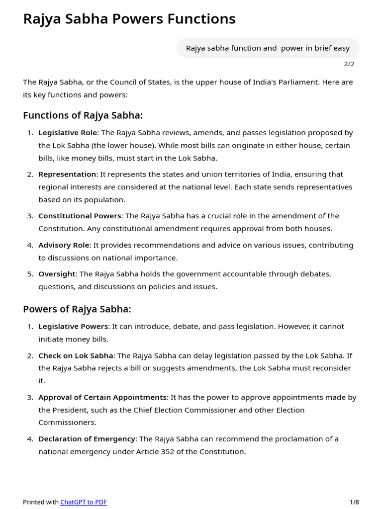 Rajya Sabha Powers Functions | PDF | Constitutional Law | Political Law
