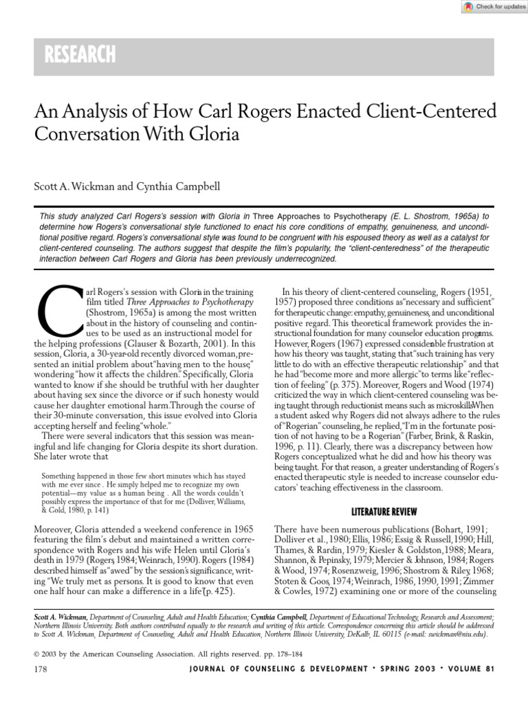 An Analysis of How Carl Rogers Enacted Client-Centered Conversation With Gloria - MIP I | PDF ...