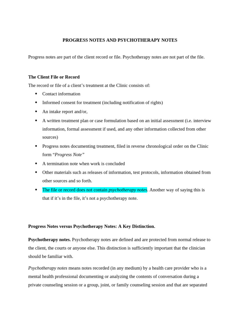 Progress Notes and Psychotherapy Notes | PDF | Psychotherapy | Medical ...