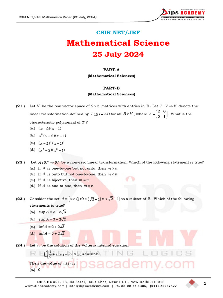 Csir Net 2024 (25-07-2024) | PDF | Regression Analysis | Applied ...