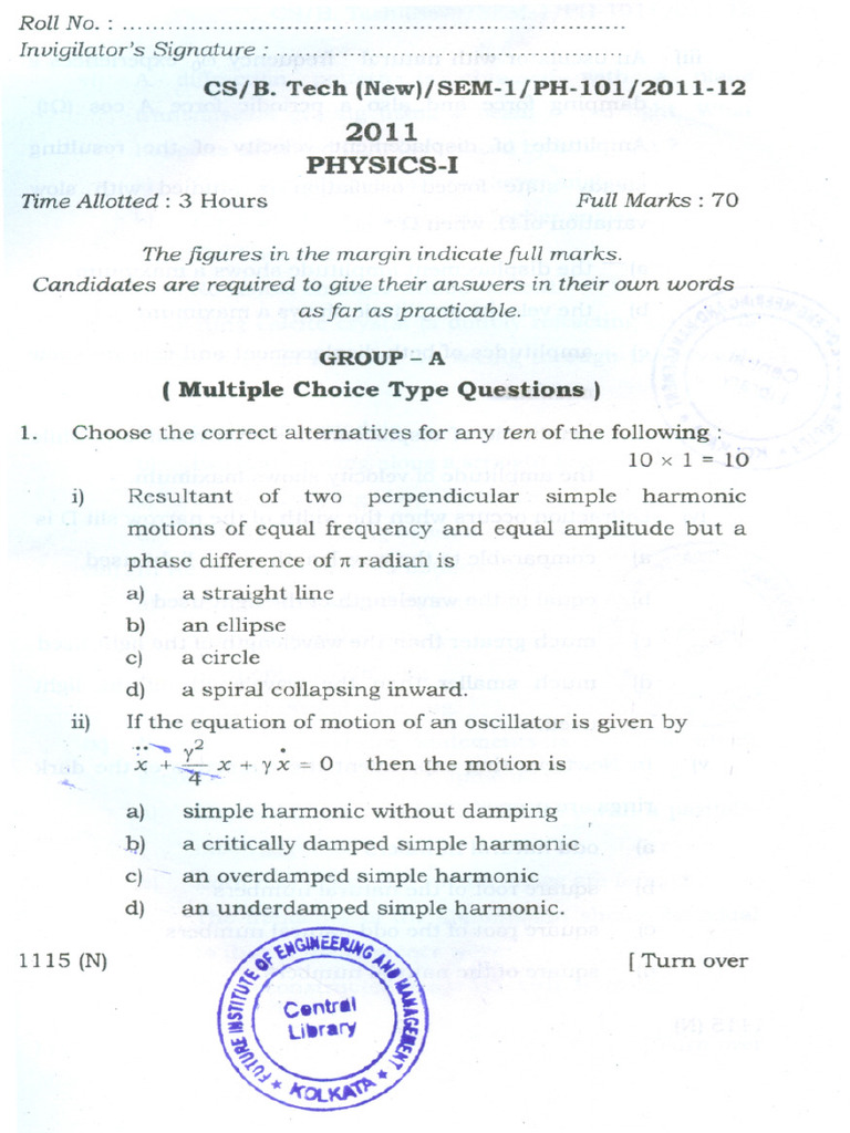 Physics1 PH101 2011 | PDF