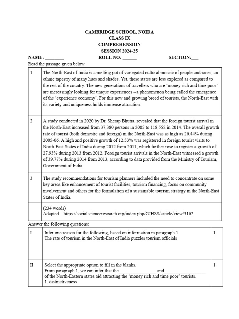 CLASS IX- COMPREHENSION NOV | PDF | Tourism | Economies