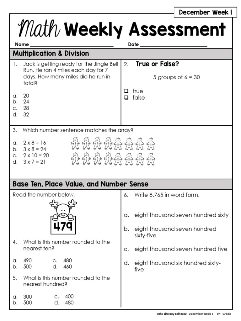 7) December Math Weekly Assessment 3rd Grade | PDF | Numbers | Arithmetic