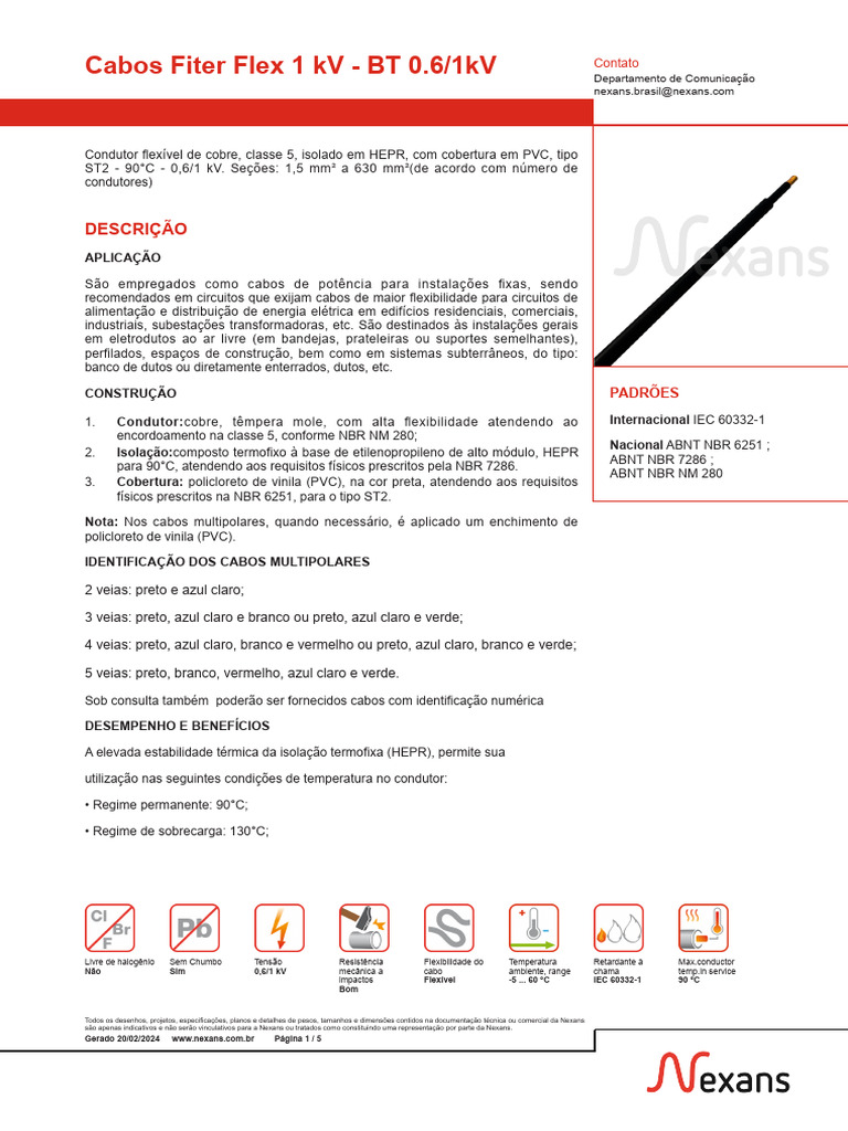 Nexans Cabos Fiter Flex 1 KV BT 0 6 1kV | PDF | Cloreto de polivinila (PVC) | Engenharia Elétrica