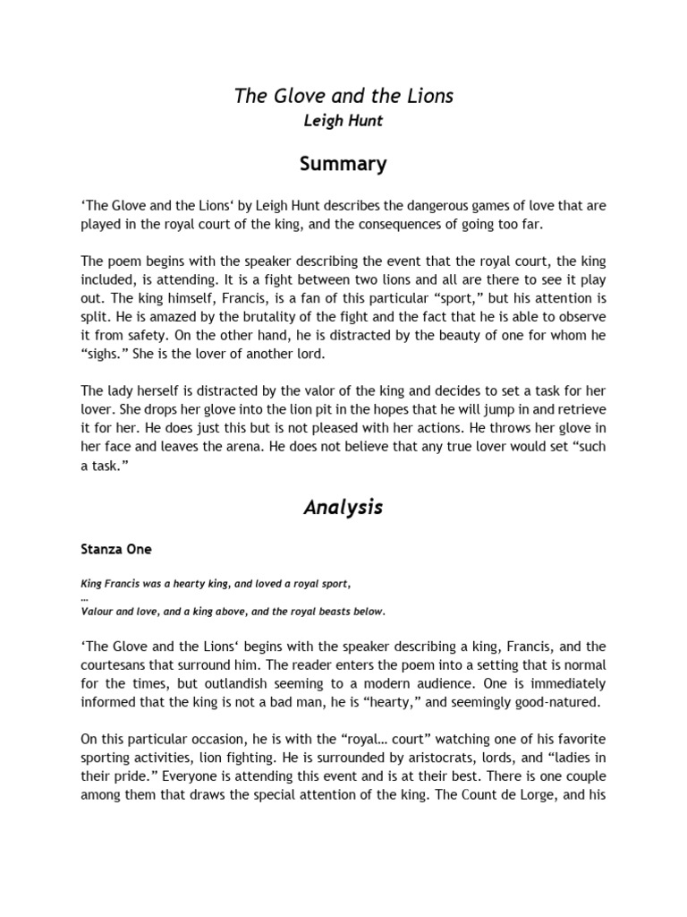 Analysis of "The Glove and the Lions" | PDF