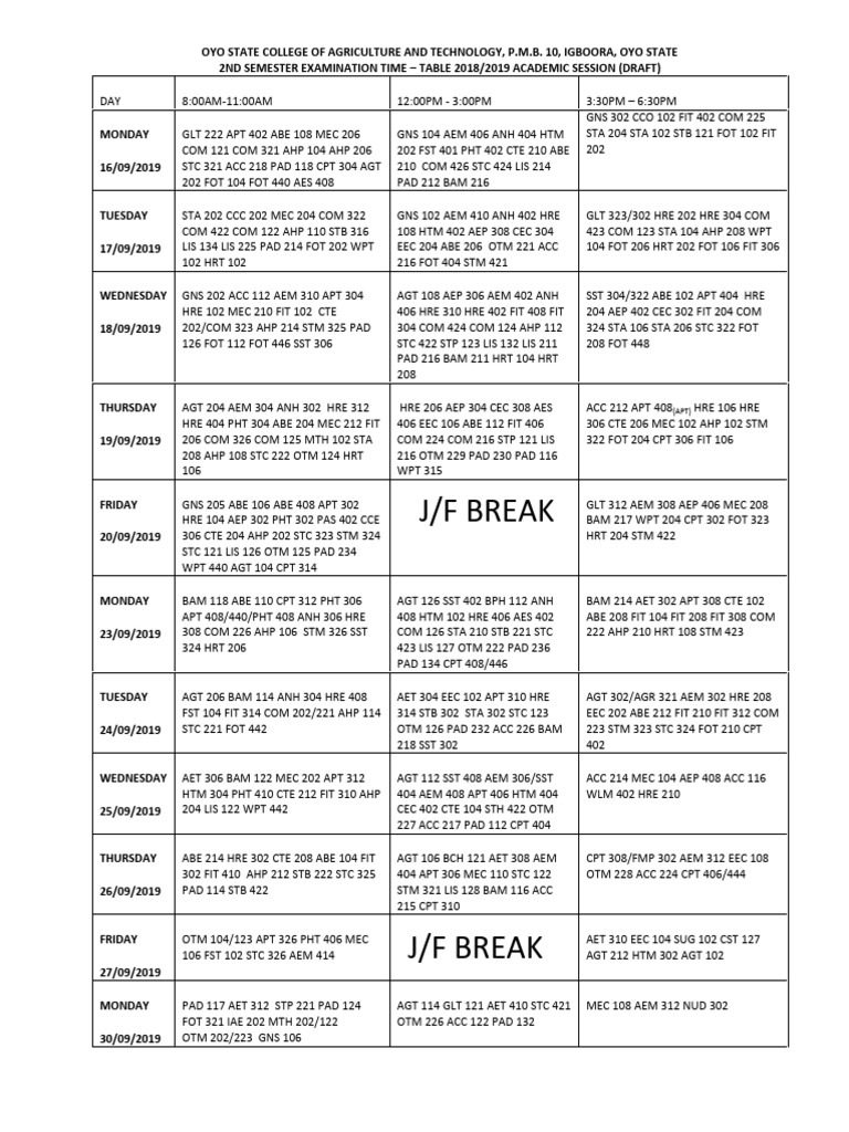 2018-2019 2nd Semester Exams Time-Table | PDF