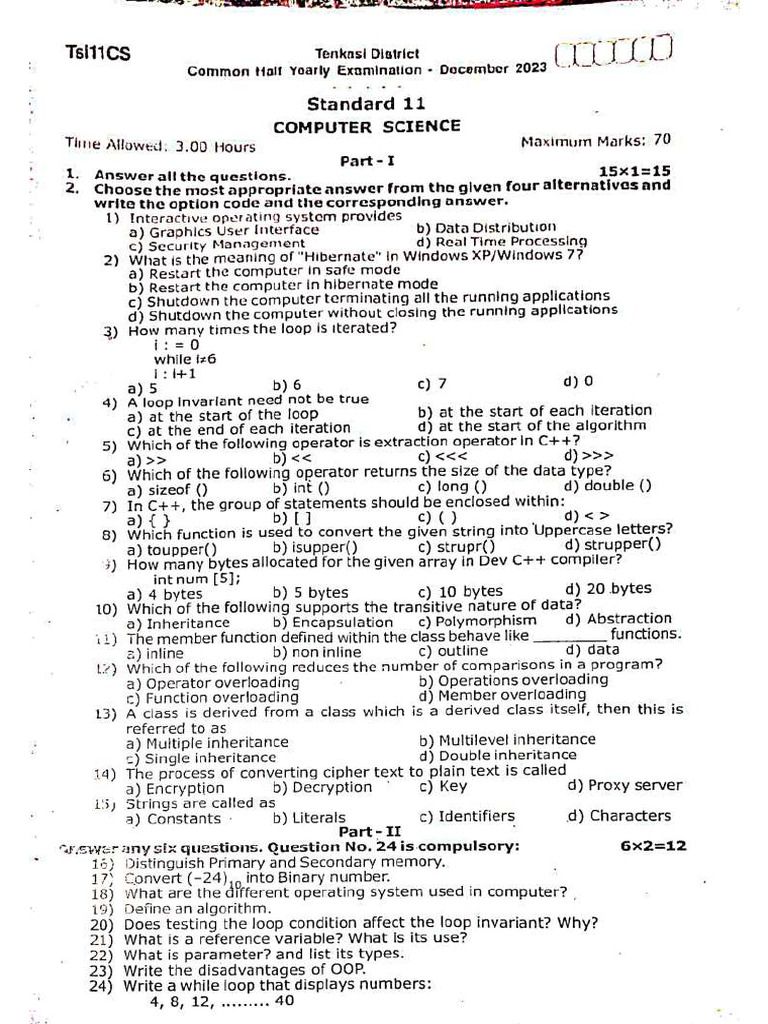 11th Computer Science EM Half Yearly Exam 2023 Question Paper With Answer Keys Thenkasi District ...