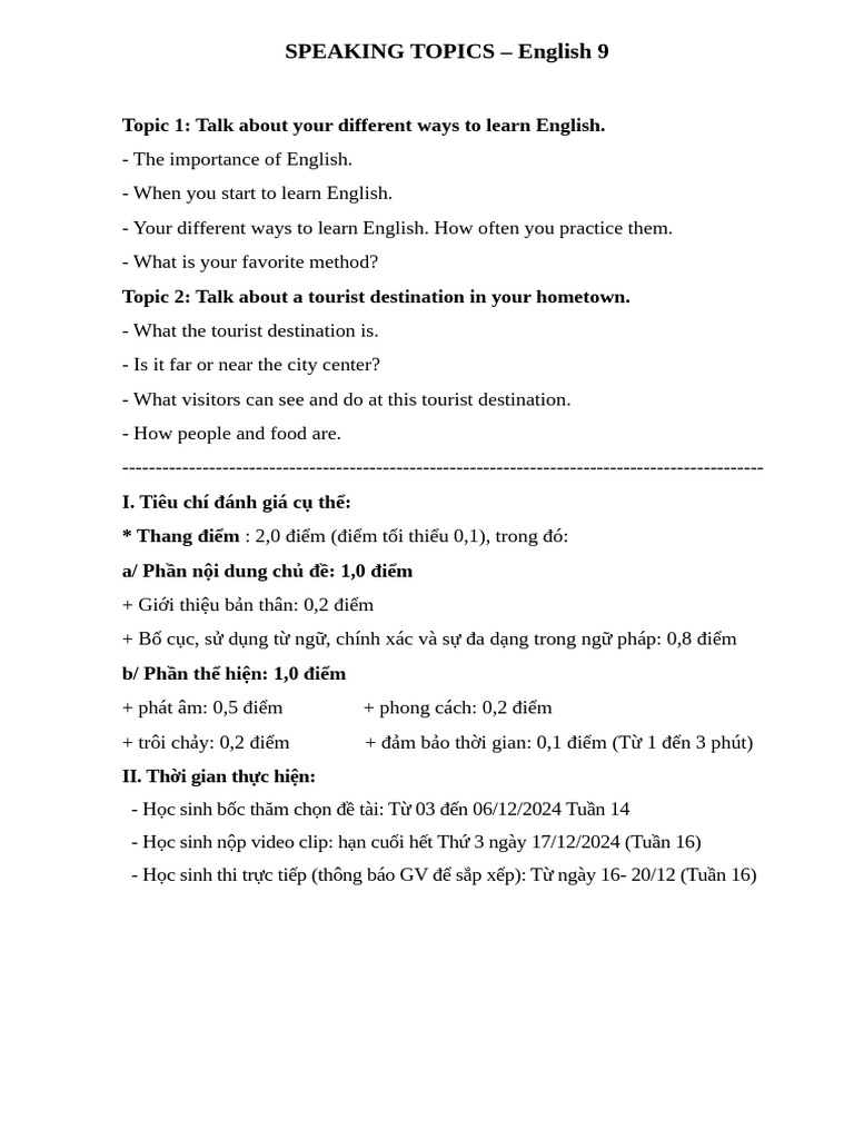 Topics English-9 Speaking Semester-1 | PDF