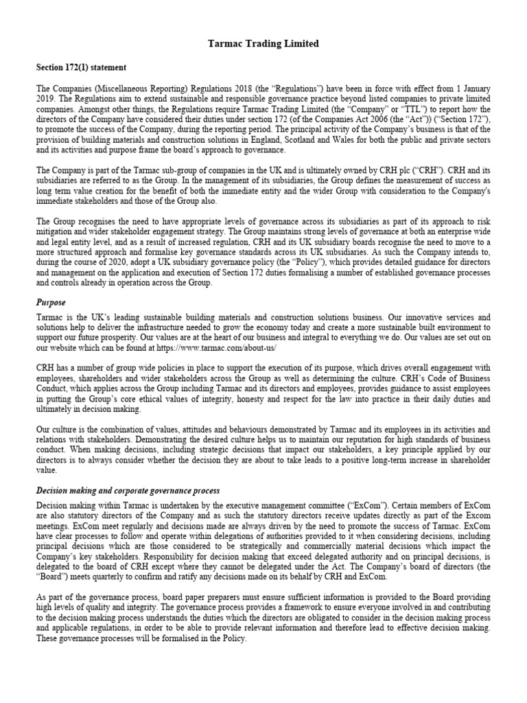 Tarmac Trading Limited S172 Statement | PDF | Governance | Regulatory ...