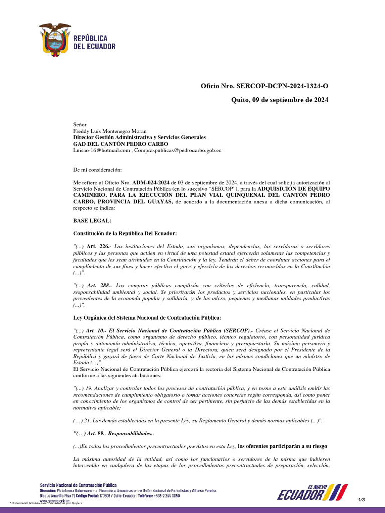Oficio Sercop Equipo Caminero | PDF | Regulación | Justicia