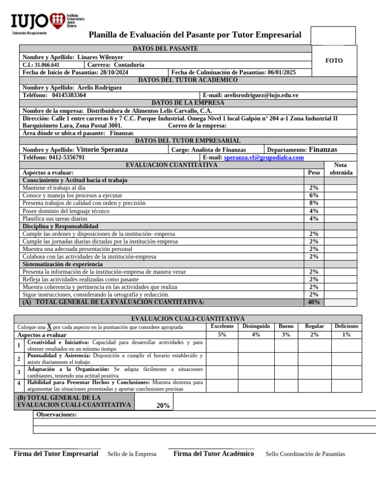 Planilla Evaluación Tutor Empresarial 2-2024 (VS) | PDF | Evaluación | Cognición