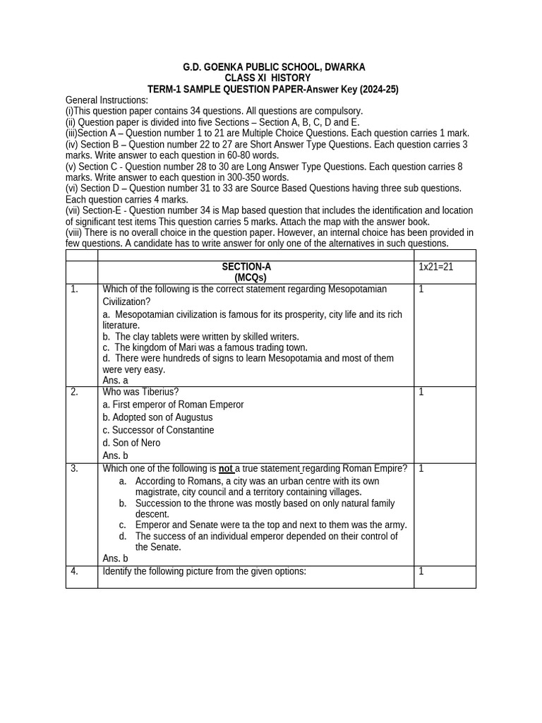 Class 11 History Term-1 Sample Paper 2024 | PDF | Augustus | Roman Republic
