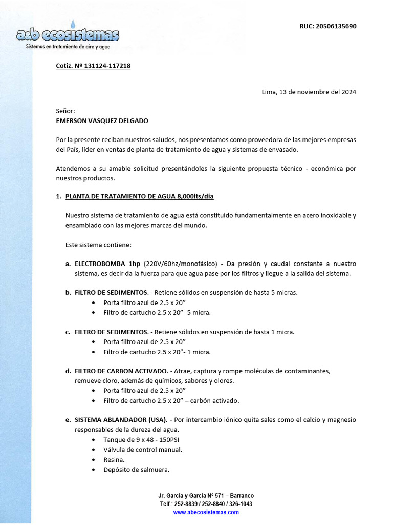 Emerson Vasquez Delgado Cotiz #131124-117218 (Minip) | PDF | Agua | Química