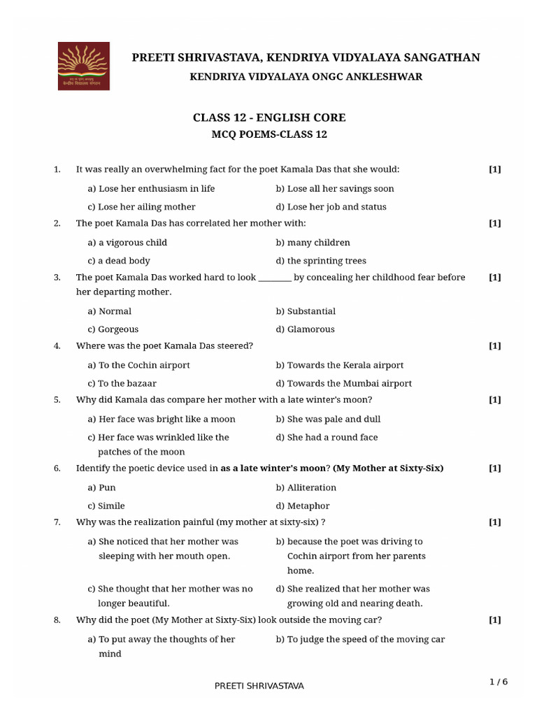 Week 4-08-04 21 Class 12 Final Revision MCQ All Poems | PDF