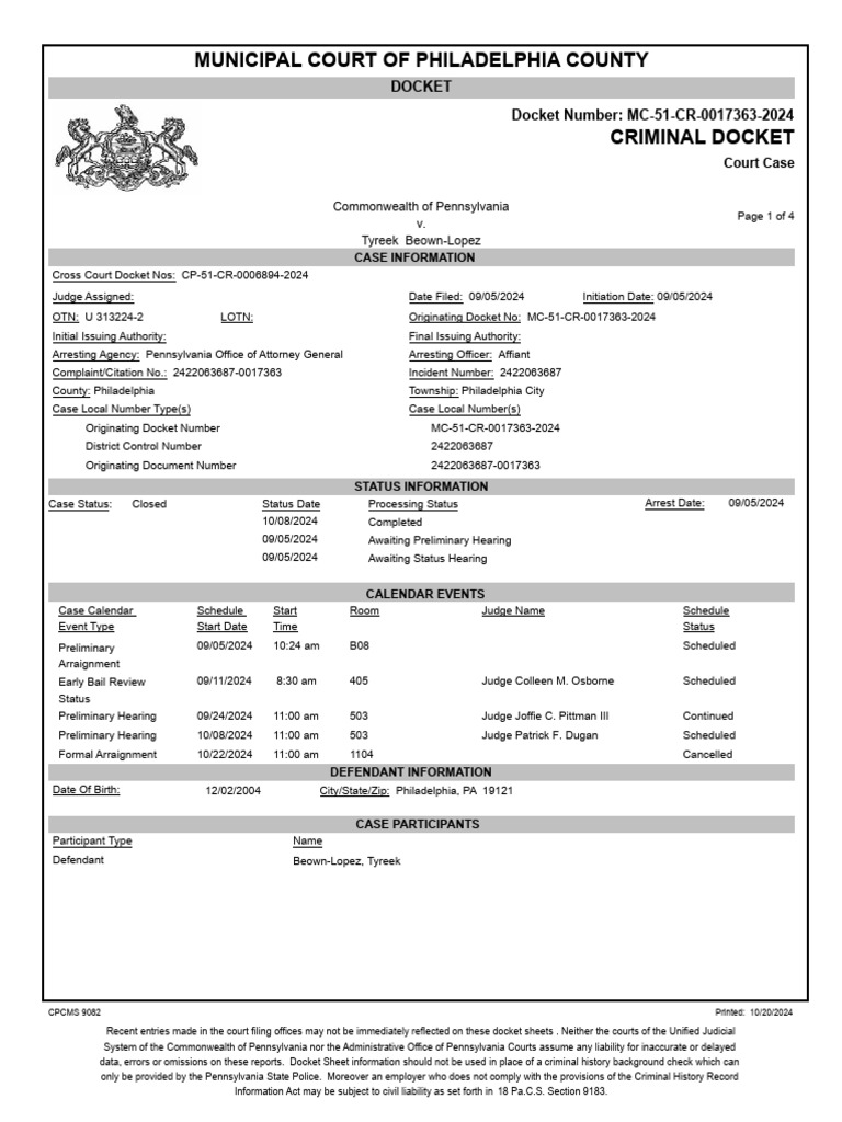 CP Docket Sheet | PDF | Bail | State Court (United States)