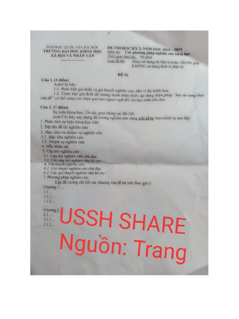 Đề thi Các phương pháp nghiên cứu khoa học đề số 1 kỳ 2 năm học 2018-2019 - USSH | PDF