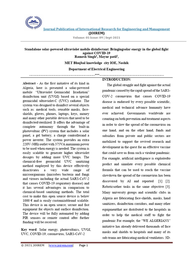 Solar-Powered UV Disinfectant for COVID-19 | PDF | Ultraviolet | Solar ...