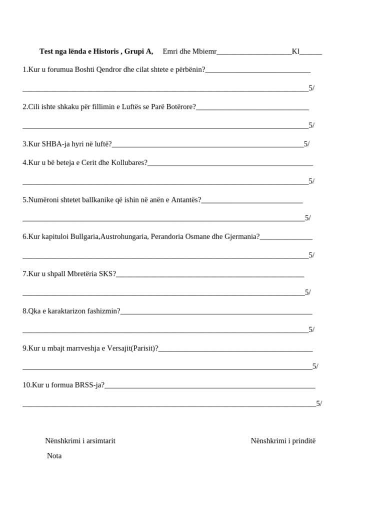 Test Nga Lënda e Historis | PDF