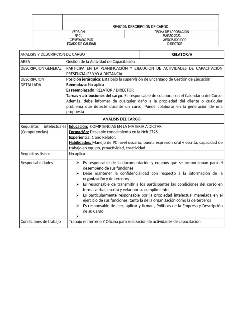 Descripción de Cargo: Relator/a en Capacitación | PDF