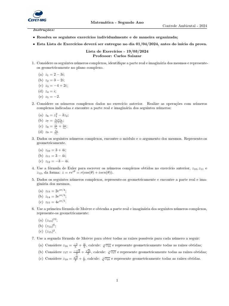 Nmeros_Complexos_lista | PDF | Número complexo | Números