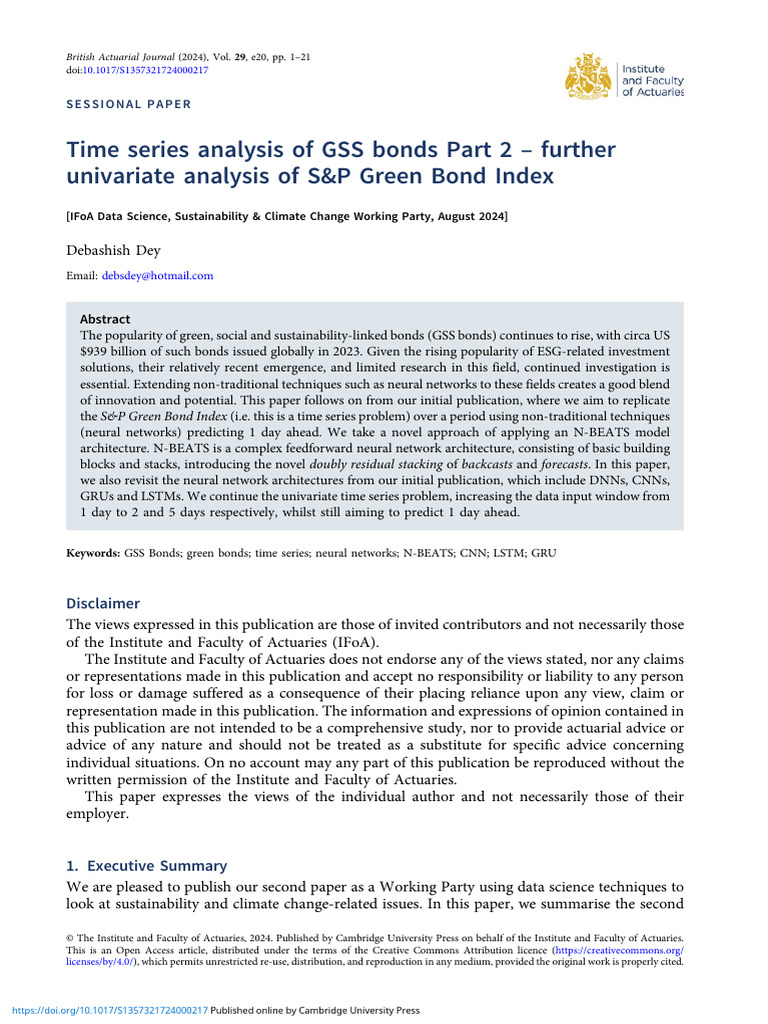 Time Series Analysis of Gss Bonds Part 2 Further Univariate Analysis of Sandp Green Bond Index ...