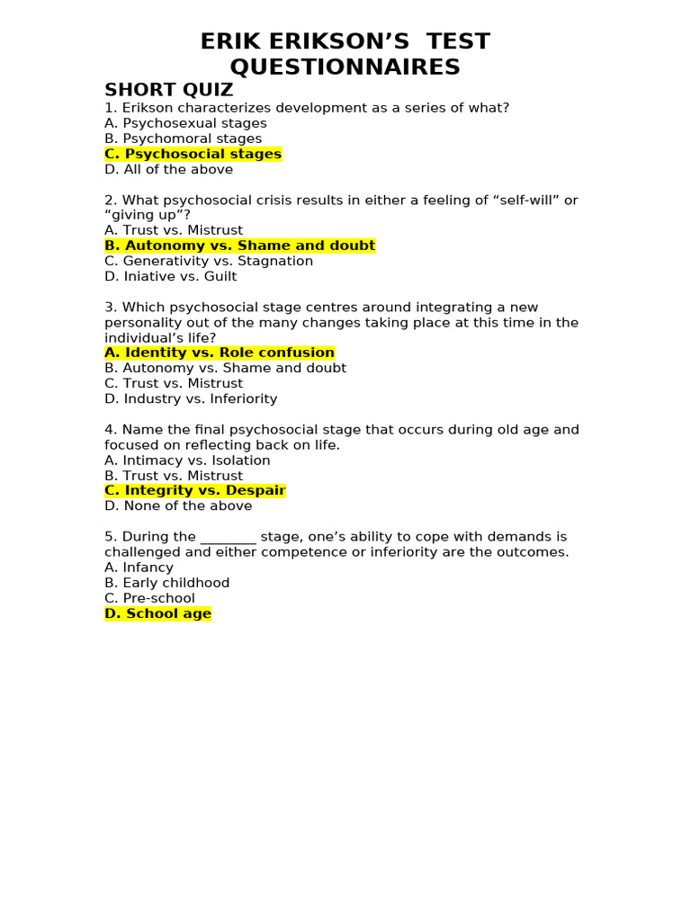 Erik Erikson's Psychosocial Quiz | PDF