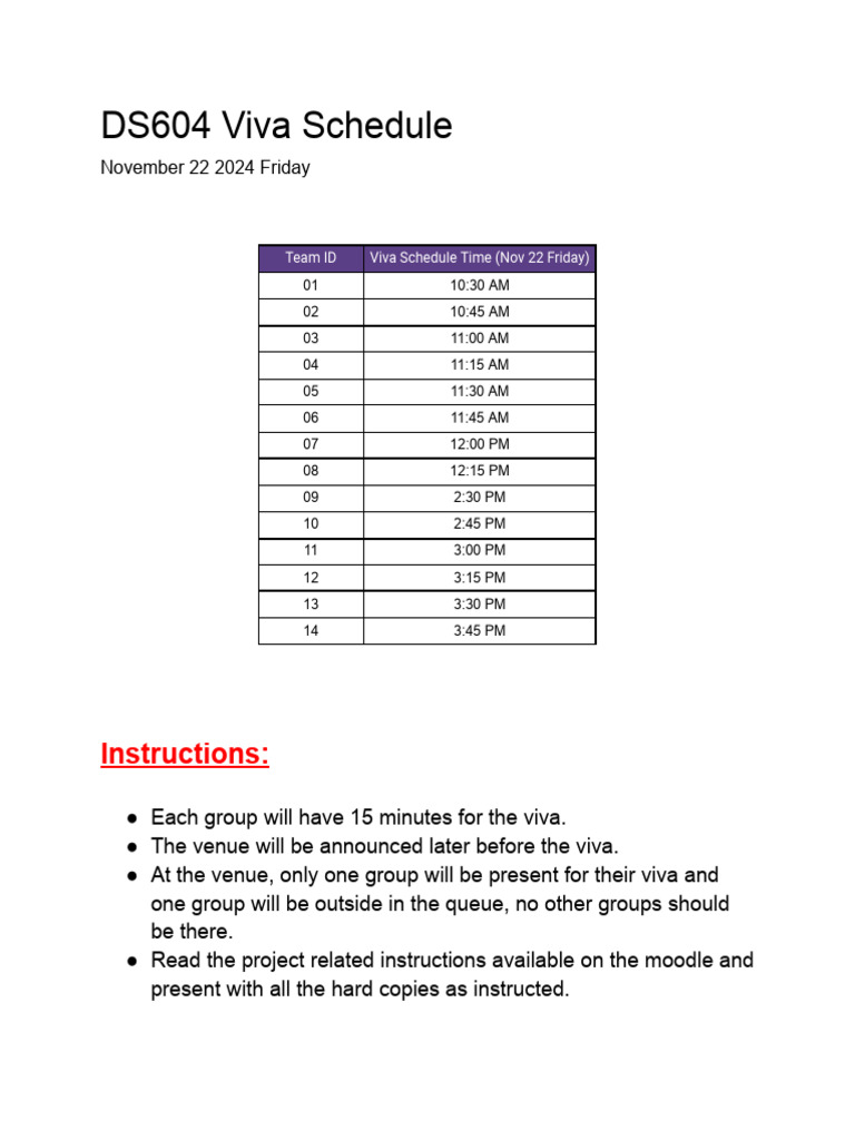 DS604 Viva Schedule for Nov 22, 2024 | PDF