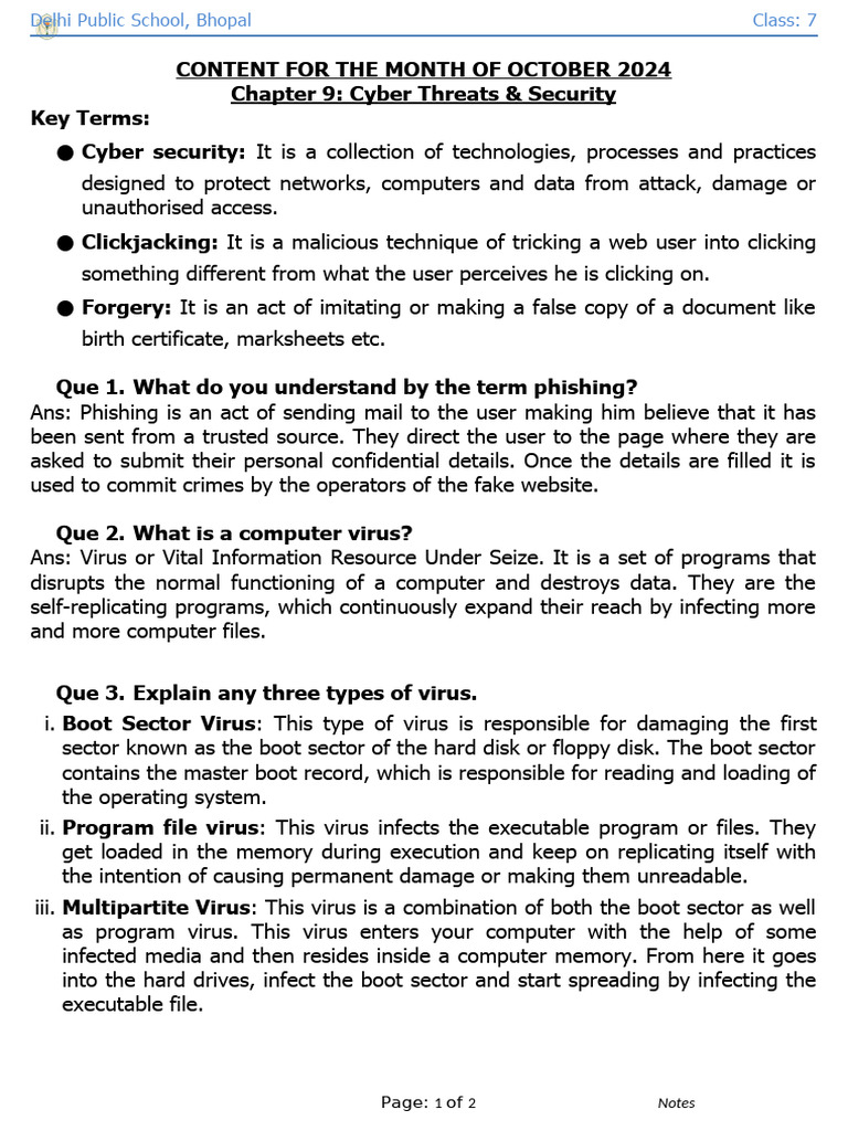 Class 7 Cyber Threats & Security Notes | PDF | Computer Virus | Security