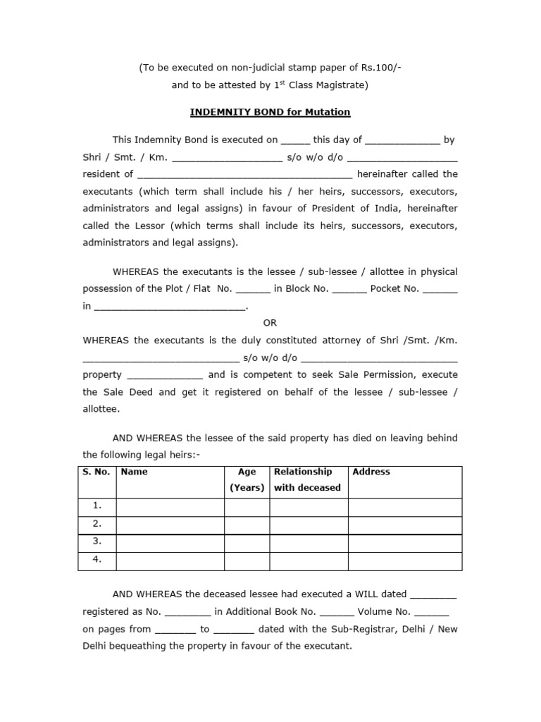 Indemnity Bond for Property Mutation | PDF | Lease | Indemnity