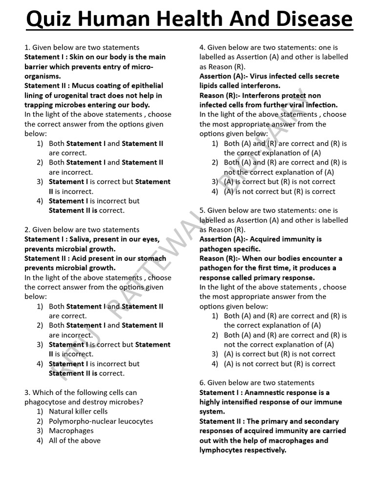 QUIZ HUMAN HEALTH AND DISEASE | PDF | Lymphatic System | Allergy