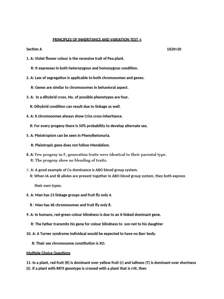Principles of Inheritance and Variation Test | PDF | Dominance ...