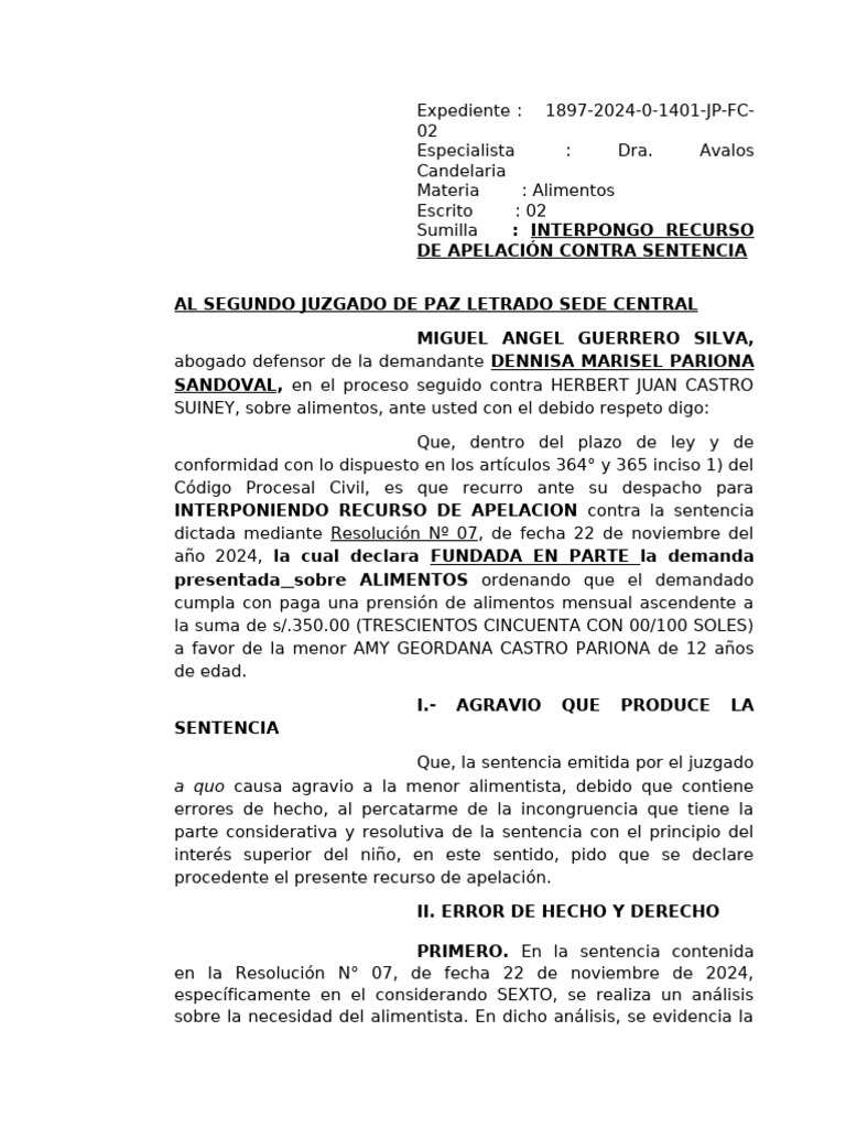 Apelacion de Sentencia de Alimentos DENNISA MARISEL PARIONA SANDOVAL | PDF | Pensión alimenticia ...