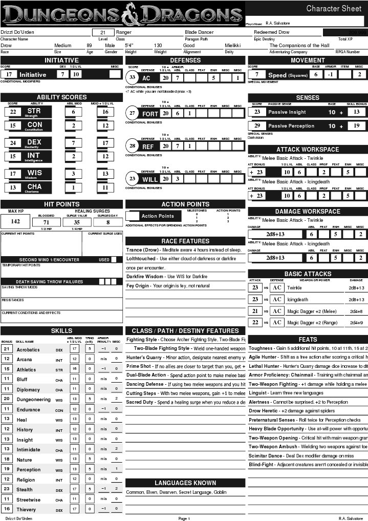 Drizzt Do'Urden 5E Character Sheet | PDF | Drizzt Do'urden | Dungeons ...