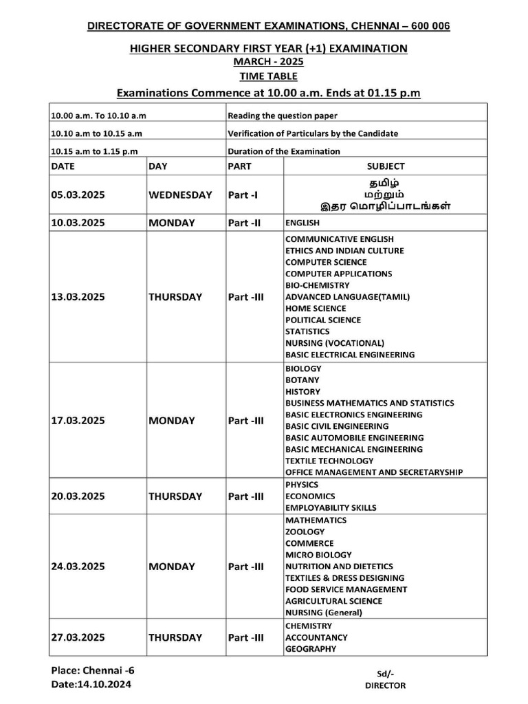 TN 11th Public Exam Time Table 2025 | PDF
