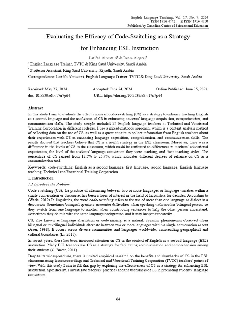 Evaluating The Efficacy of Code-Switching As A Strategy For Enhancing ESL Instruction | PDF ...